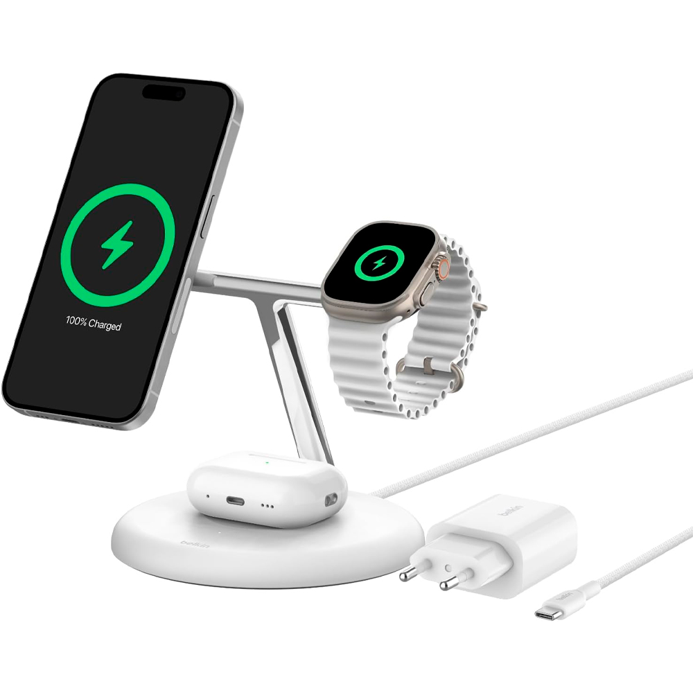 Carregador Wireless Belkin WIZ023vfWH 3-IN-1 15W Magsafe Qi2 Stand iPhone-Watch-Airpod 15W ...