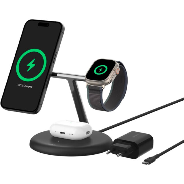 Carregador Wireless Belkin WIZ023vfBK 3-IN-1 15W Magsafe Qi2 Stand iPhone-Watch-Airpod 15W Preto ...